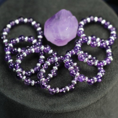 Amethyst Smooth Round & Silver Filled Beads Stretchable Healing Ring ...