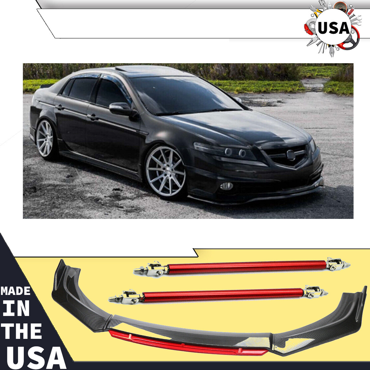 Front Bumper Lip Splitter Spoiler Body Kit Carbon/ Fiber Rods For Acura ...