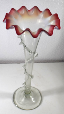 Antique ART GLASS 12" Tall TRUMPET Vase CRANBERRY Glass RIM, RIGOREE ...