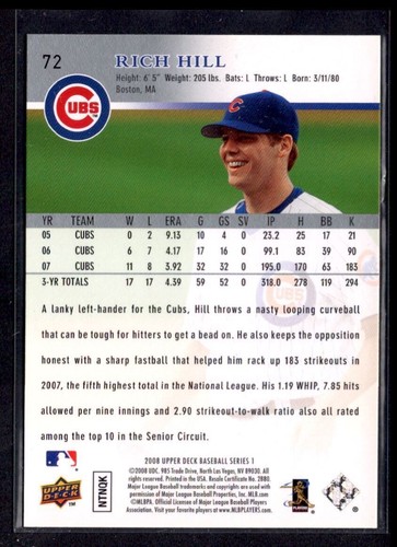2008 Upper Deck Rich Hill Chicago Cubs #72 | eBay