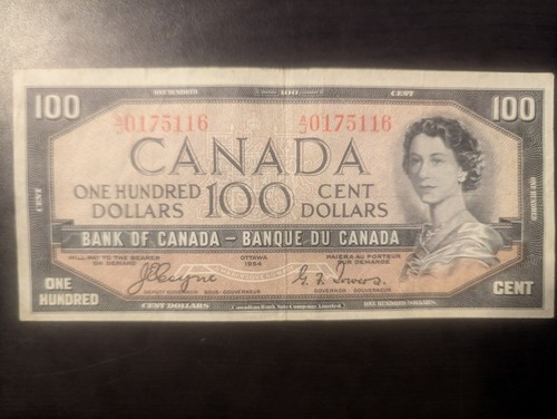 1954 canadian 100 dollar bill - Devils face, Coyne Towers, low serial ...