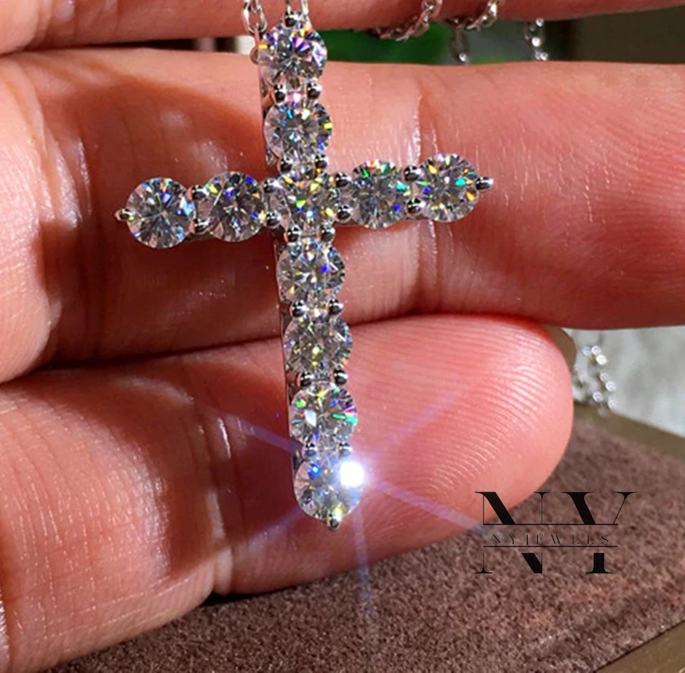 2Ct Round Cut Lab-Created Diamond Cross Pendant Necklace 14K White Gold ...