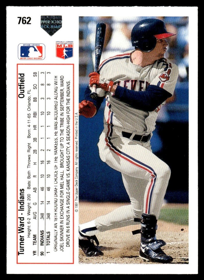 1991 UPPER DECK BASEBALL CARD TURNER WARD #762 RC CLEVELAND INDIANS ...