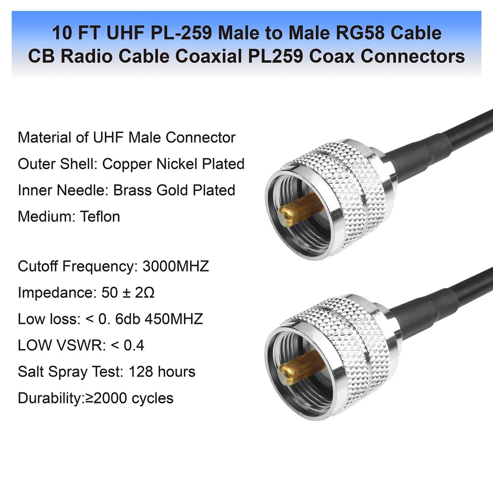 RG58 Cable CB Radio Cable PL259 Jumper 3 Pcs 10FT(3M) Low Loss UHF PL ...