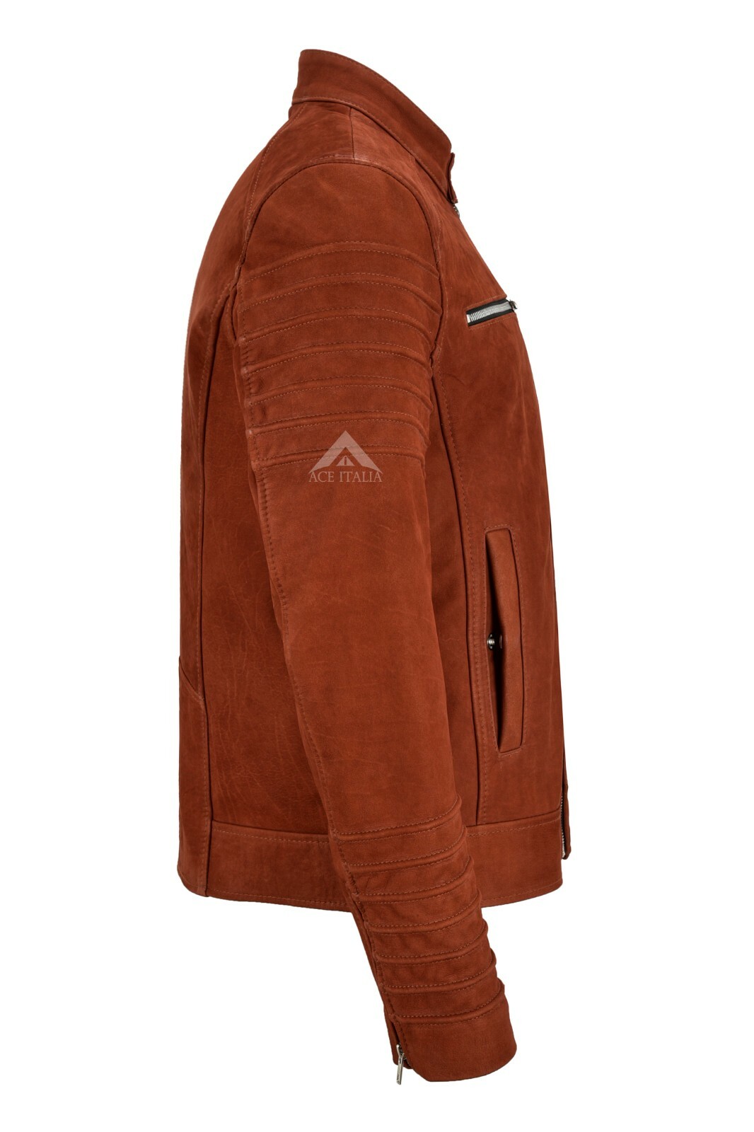 Mens Classic Leather Jacket Chestnut Nubuck ZIp Cuffs Racer Leather ...