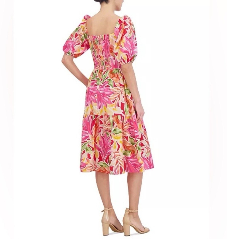 Vince Camuto Pink Floral Print Puff Sleeve Square Neck A-Line Midi ...