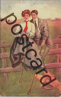 1909 "TWO UP AND ONE TO PLAY" golf couple, romance, cupid, Porter ...