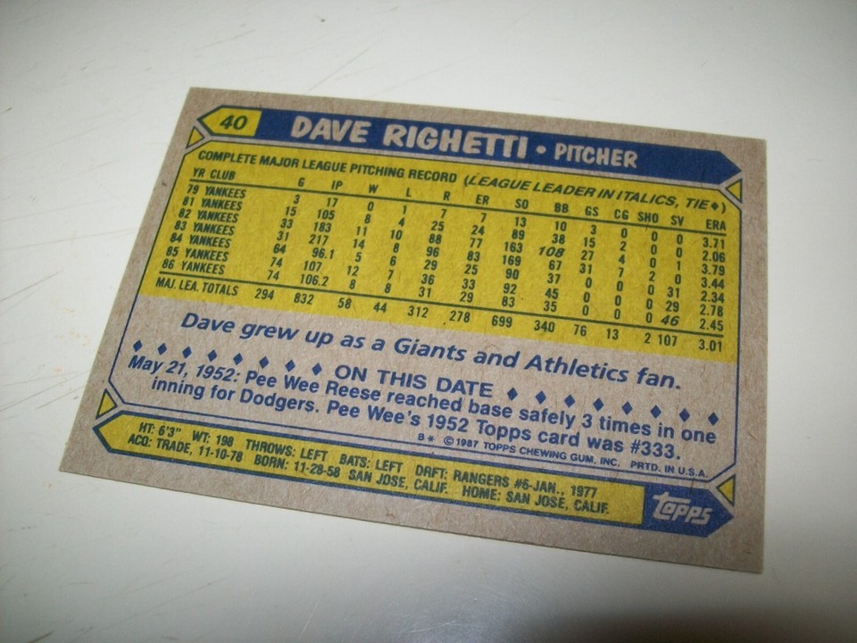 1987 TOPPS DAVE RIGHETTI AUTOGRAPH SIGNED AUTO #40 NEW YORK YANKEES | eBay