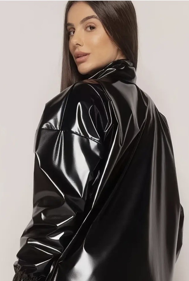 Women Black PVC Jacket Vinyl Hoodie Sweat top waterproof Jacket Coat ...