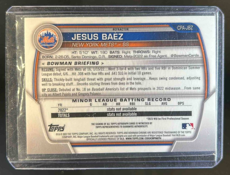 2023 Bowman Jesus Baez Chrome Auto Refractor 1st #315/499 Mets | eBay