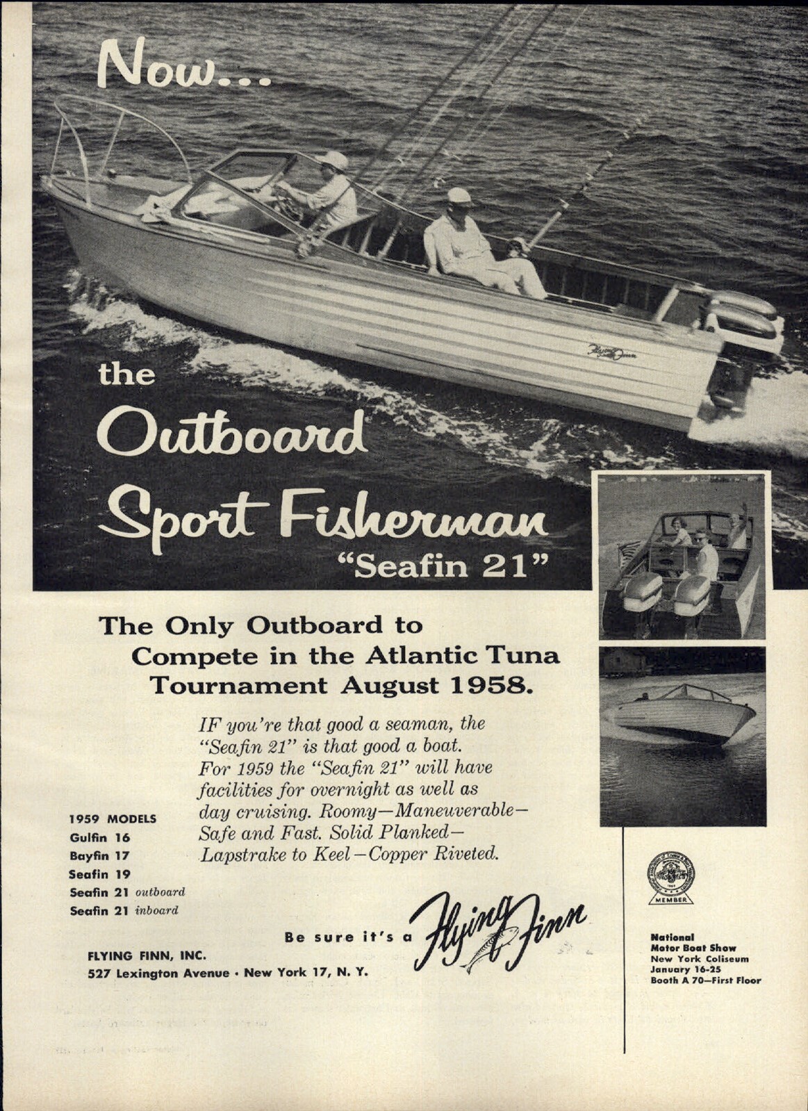 1959 PAPER AD Flying Fin Seafin 21 Sport Fisherman Boat Gulfin Bayfin ...