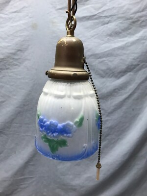 Victorian Brass Hanging Ceiling Light Fixture Textured Painted Glass ...