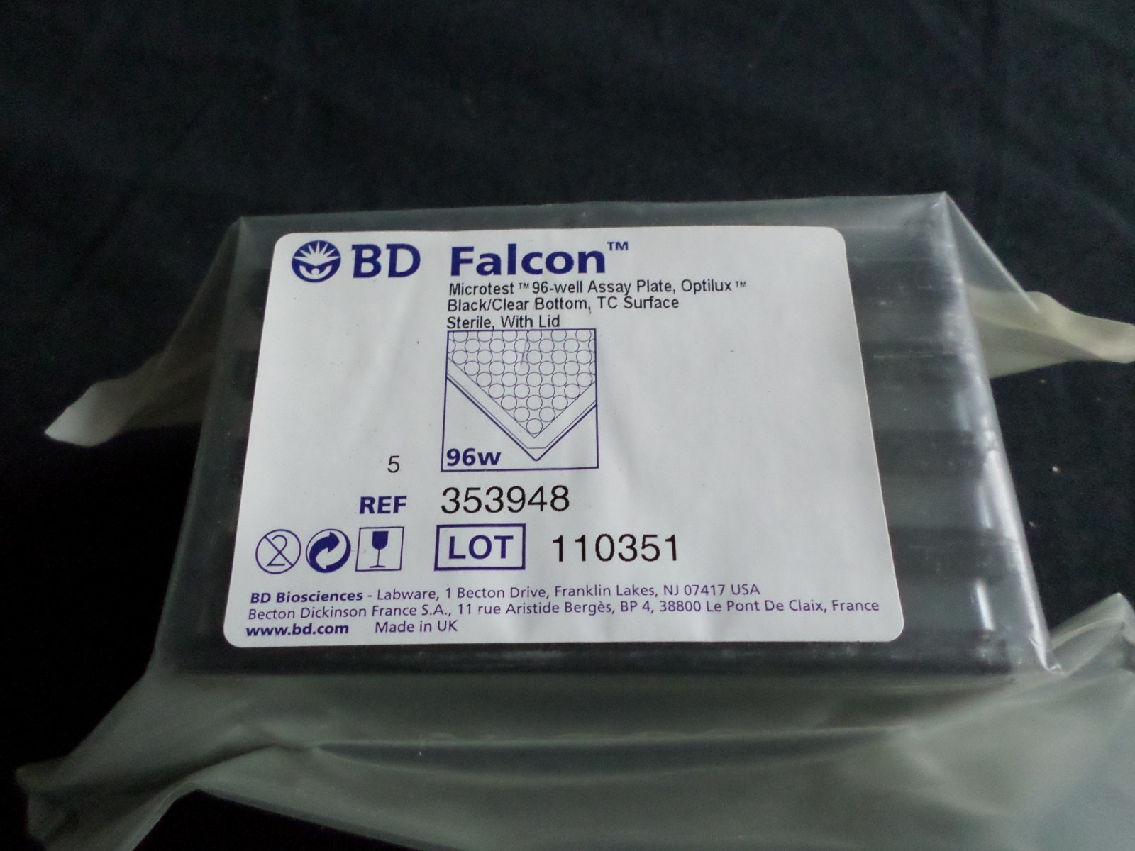 20 BD Falcon 353948 Microtest 96 Well Assay Plate Optilux Black Clear ...