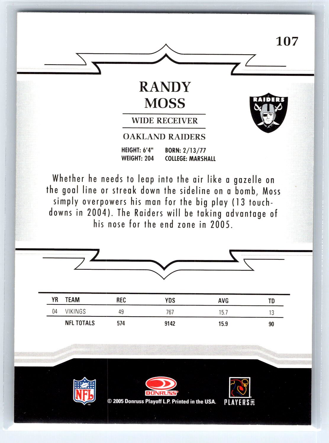 2005 Donruss Throwback Threads #107 Randy Moss Oakland Raiders | eBay