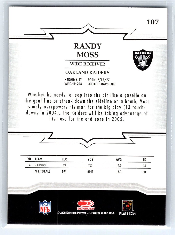2005 Donruss Throwback Threads #107 Randy Moss Oakland Raiders | eBay