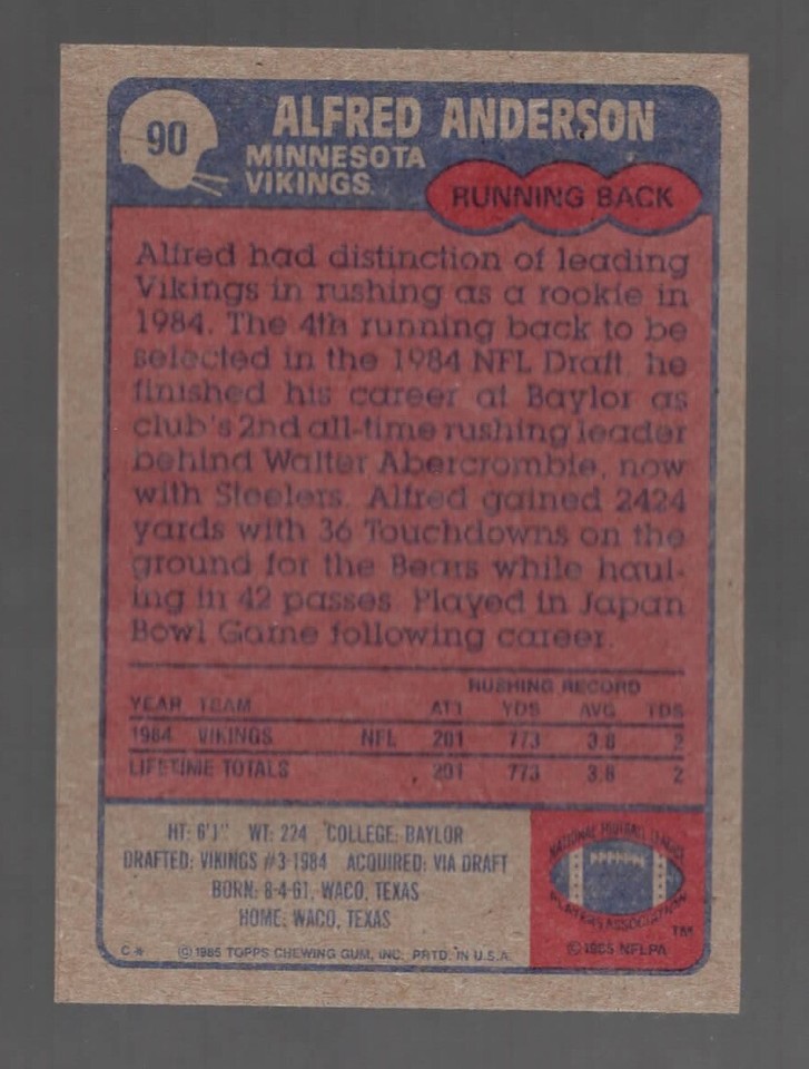 1985 Topps #90 Alfred Anderson VG/Ex | eBay