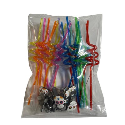 24 Twisty Spiral Straws with Sugar Skull Party Kids Fun Drinking ...