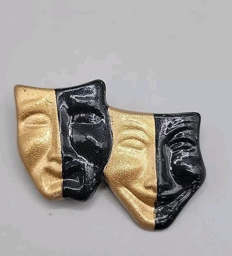 Comedy & Tragedy Black & Gold Tone Brooch Vintage 2 Sides 2 Faces Pin ...
