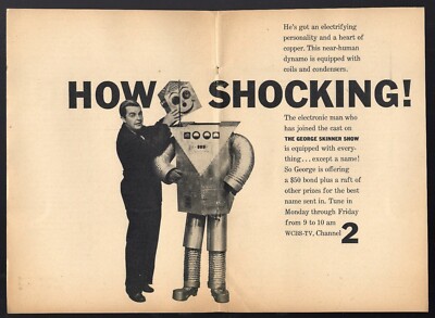 1954 WCBS TV AD ~ GEORGE SKINNER SHOW & MR RIVETS ROBOT JOE EARLY NEW ...
