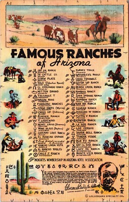 Famous Ranches of Arizona Horses Cattle Brands Cowboys Vintage Postcard ...