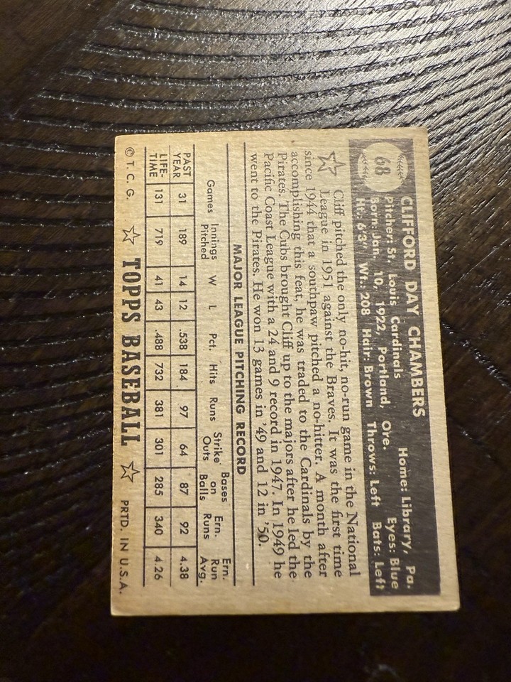 1952 TOPPS BASEBALL CARD #68 CLIFF CHAMBERS BB EX+/EXMT!!!!!!!!! | eBay