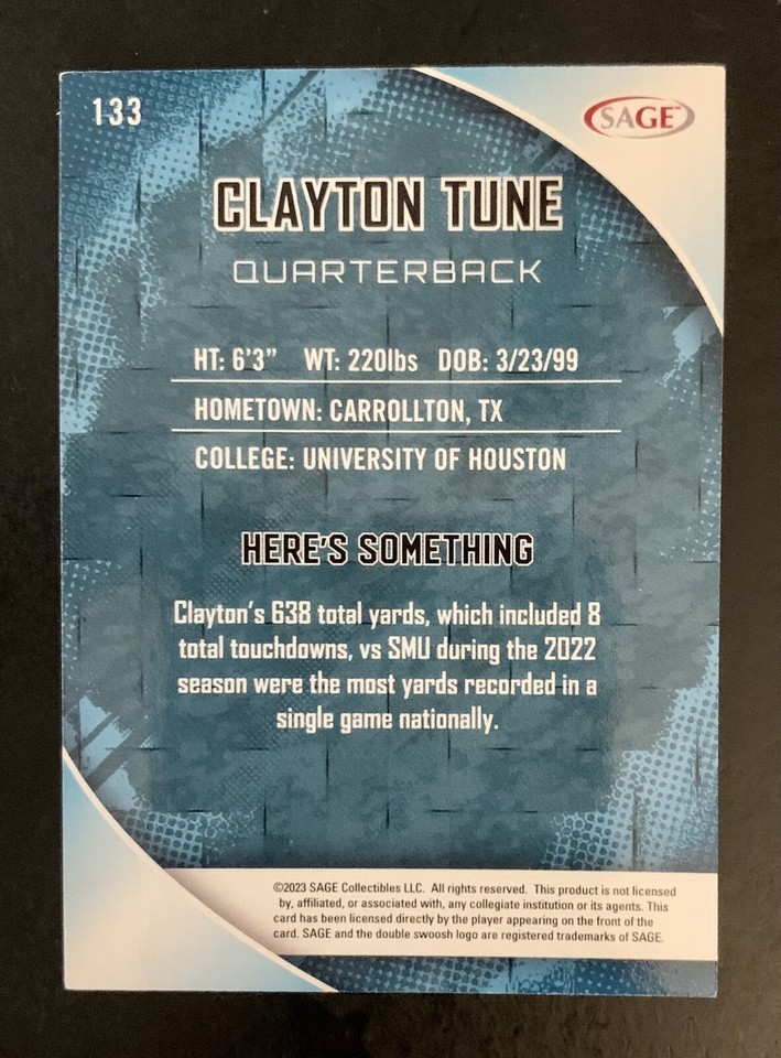 2023 Sage #133 Clayton Tune - AZ Cardinals Starting QB - Hot🍔💥🔥 | eBay