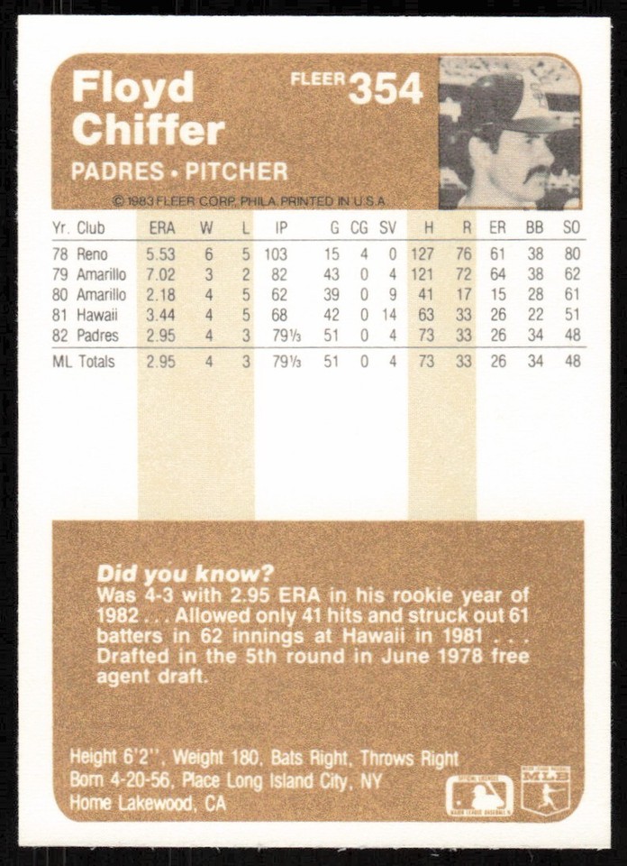 1983 Fleer Floyd Chiffer Rookie San Diego Padres #354 | eBay