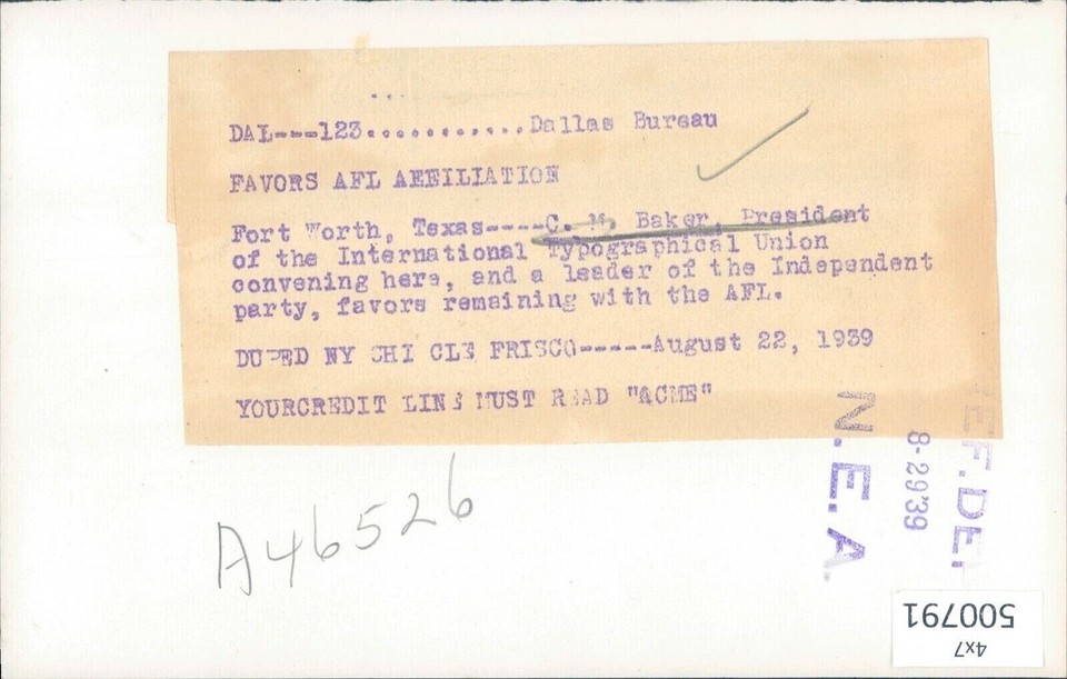 1939 Photo cm Baker President International Typographical Union TX Man ...