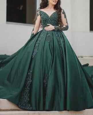 Emerald Green Lace Evening Dresses Princess Applique Sheer Neck Formal ...
