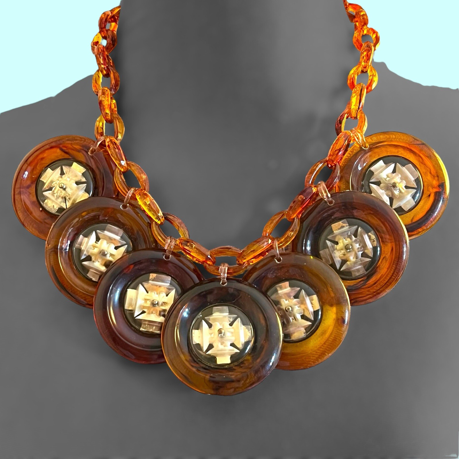 Vintage Faux Tortoise Shell Lucite Buttons Bib Neckla… - Gem