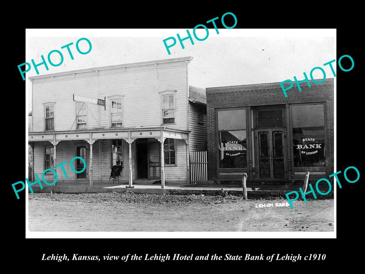 OLD POSTCARD SIZE PHOTO OF LEHIGH KANSAS VIEW OF THE HOTEL & BANK c1910 ...