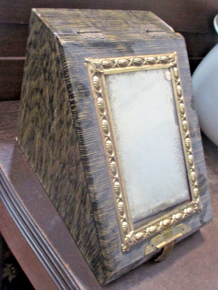 UNUSUAL Slant Front Mirrored Vanity Box To Hold Shaving Mug Grained ...