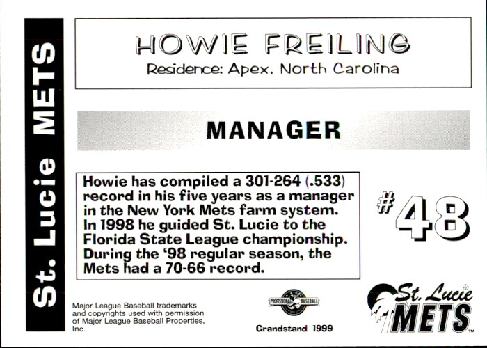 1999 St. Lucie Mets Grandstand #13 Howie Freiling Apex North Carolina ...