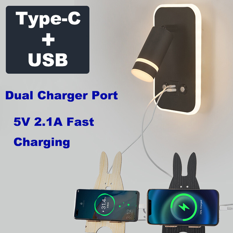 9W COB LED Headboard Reading Light Type-C USB Charger Bedside Wall Lamp ...