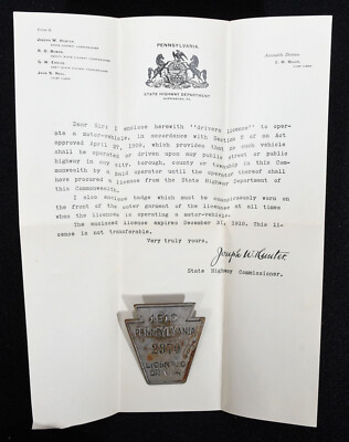 1910 Pennsylvania Licensed Driver (Paid Operator) Pinback Badge ...