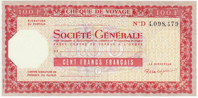 FRANCE TRAVELLERS CHEQUE SOCIETE GENERALE 100 Fr 2 WATERMARK PERFECT | eBay