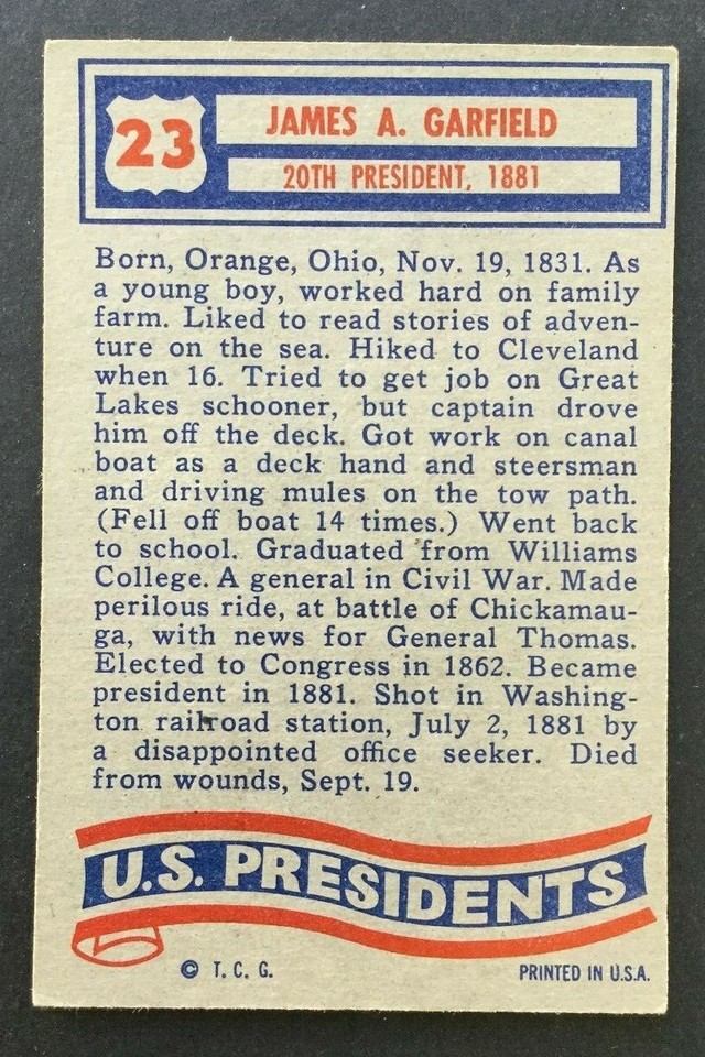 1956 Topps #23 James A. Garfield U.S. President Card | eBay