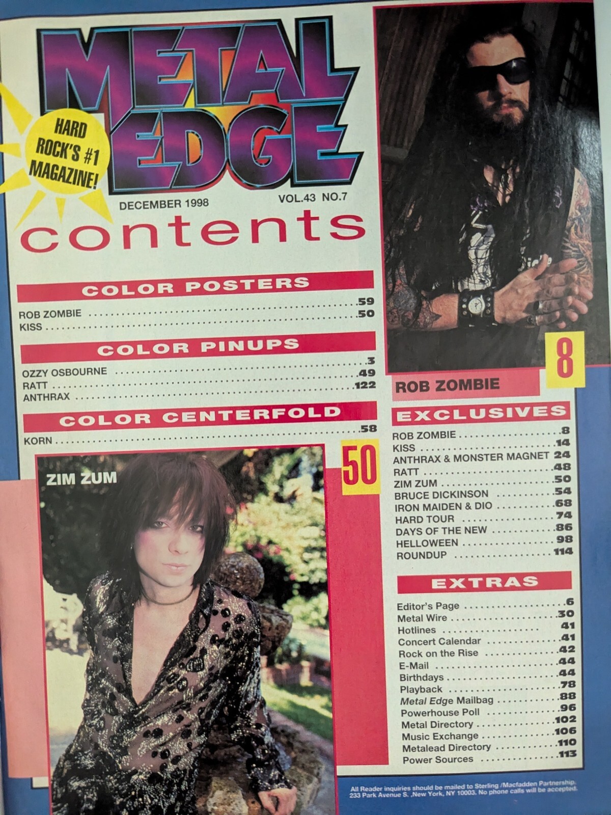 Metal Edge Magazine December 1998 KISS, White Zombie, Zim Zum, Ratt ...