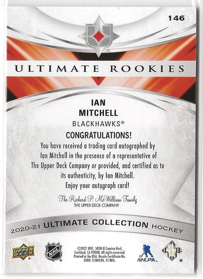 2020 2020-21 Ultimate Collection Rookie Auto #146 Ian Mitchell 190/299 ...
