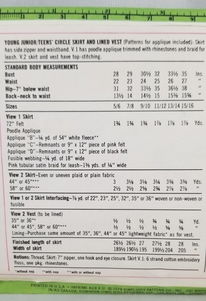 Simplicity Poodle Skirt Vest Sewing Pattern 9154 Jr Sizes 5/6 7/8 ...