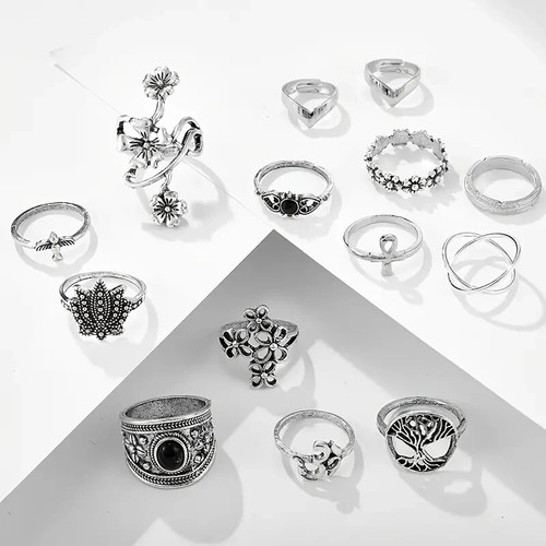 14 PC Silver-Tone Stackable Finger Knuckle Joint Midi Bohemian Ring Set ...