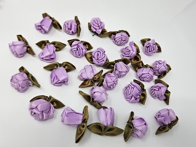 25 pcs Lavender Satin Loop Ribbon Roses Flowers Rose Head Leaves Sewing ...