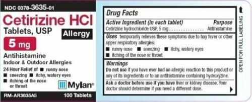 Mylan Cetirizine HCI Tablets 5mg Antihistamine All Day Allergy Relief ...