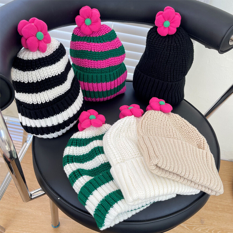 Women Girl Knitted Bobble Hat Beanie Ski Cap Flower Striped Winter Warm ...