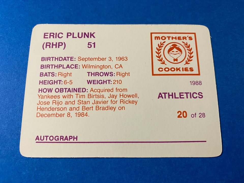 ERIC PLUNK 1988 MOTHERS COOKIES AUTO SIGNED OAKLAND A'S YANKEES ...