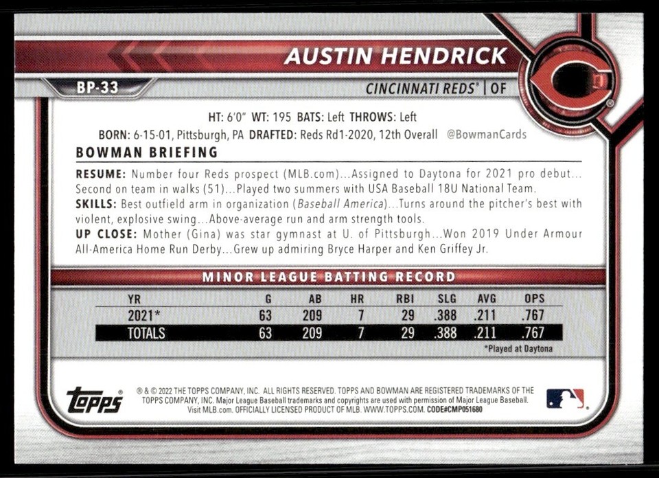 2022 Bowman Prospects Austin Hendrick G691 Cincinnati Reds #BP-33 | eBay