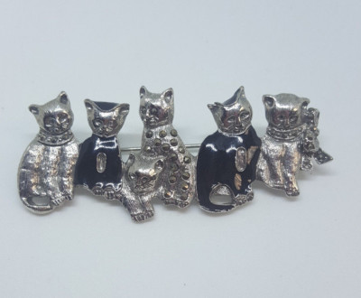 Vintage 6 Cats Black Enamel Silver Tone Rhinestone Kittens Brooch Pin ...