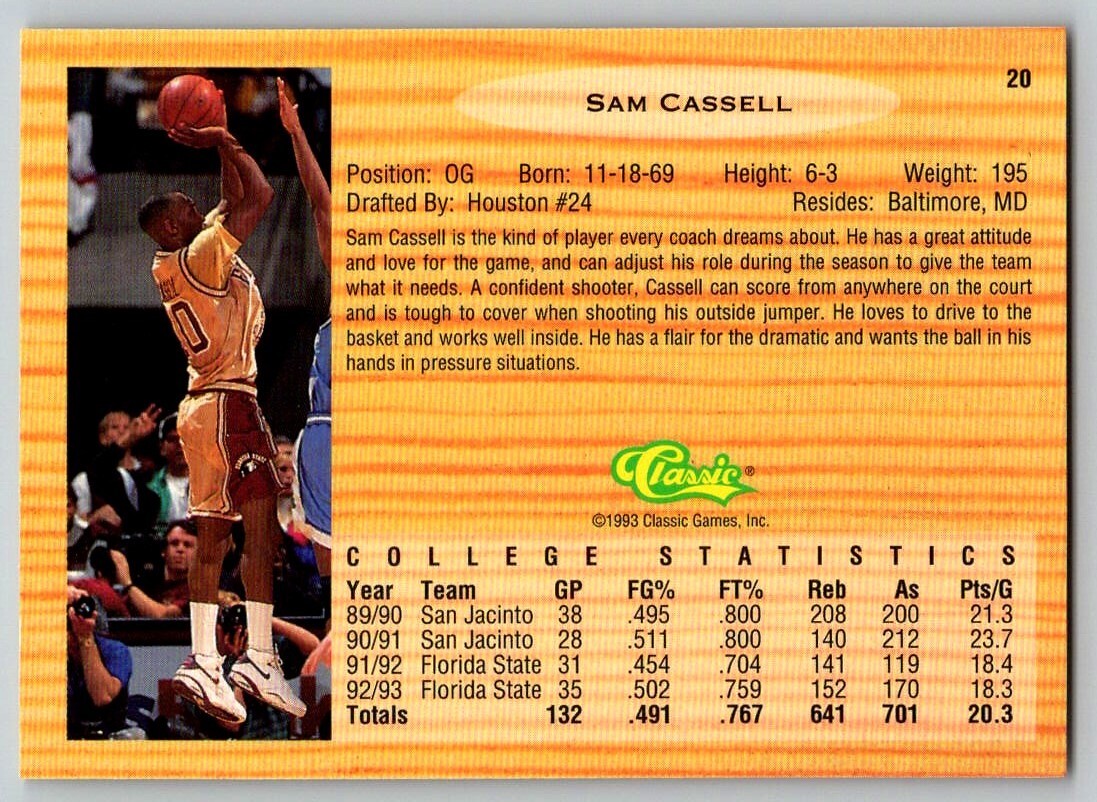 1993-94 DRAFT PICKS SAM CASSELL FLORIDA STATE SEMINOLES/HOUSTON ROCKETS #20 | eBay