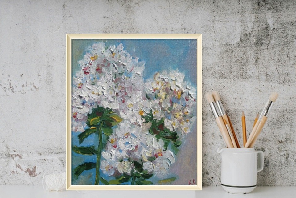 phlox original oil painting, bouquet of white phlox art, summer flower ...