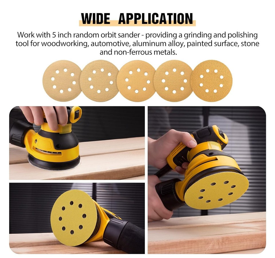 5In 8 Hole Hook Loop Sanding Discs Sandpaper 40-1000 Grits Gold Round ...